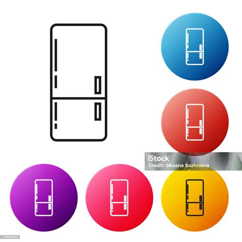 흰색 배경에 격리 된 검은 선 냉장고 아이콘입니다 냉장고 냉장고 냉장고 가전 기술 및 가전 제품 아이콘 다채로운 원 버튼을 설정합니다 벡터 일러스트레이션 0명에 대한 스톡