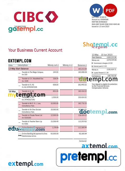 Cibc Bank Company Checking Account Statement Word And Pdf Template Pretempl