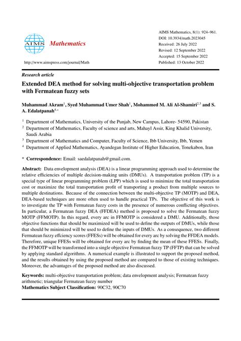 Pdf Extended Dea Method For Solving Multi Objective Transportation