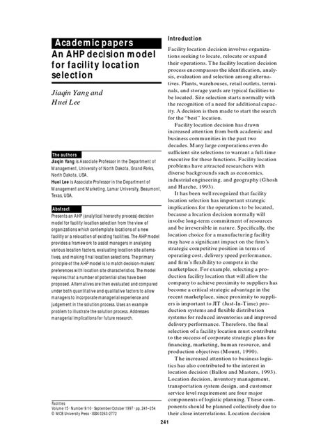 An Ahp Decision Model For Facility Location Selection Pdf Eigenvalues And Eigenvectors Taxes