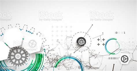 기술 및 과학 주제에 대한 추상적 인 배경 텍스트 아래에 있는 장소가 있는 다양한 테크노 디테일이 있는 플렉서스 효과 벡터 형식입니다 It 지원에 대한 스톡 벡터 아트 및