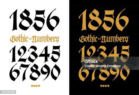 고딕 양식의 수치 벡터 아름답고 세련된 서예 문신에 대한 우아한 유럽 서체 중세 현대 스타일 검은색 기호와 숫자는 흰색 배경에 별도로 저장됩니다 고딕 양식에 대한 스톡 벡터