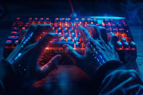 Illuminated Keyboard With Glowing Hands Typing Stock Image Image Of