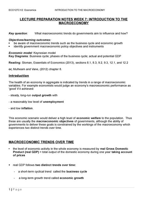 Week 7 Intro To Macroeconomics ECO127C1 2 Economics INTRODUCTION TO THE MACROECONOMY