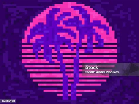 80 년대 스타일의 일몰에 픽셀 아트 야자수 8 비트 태양 신디웨이브와 복고풍파 복고풍 8 비트 비디오 게임 인쇄 포장지 및 광고를 위한 디자인 벡터 일러스트레이션 1980