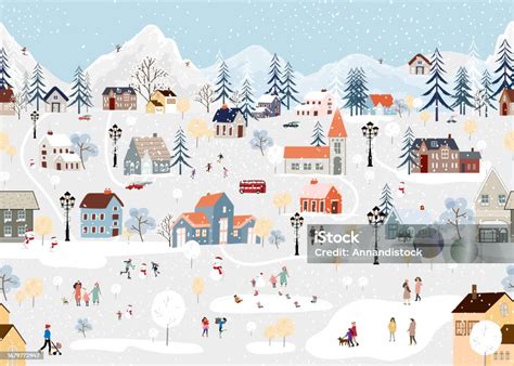 원활한 패턴 겨울 풍경 공원에서 아이스 스케이트를 타는 행복한 사람들과 함께 밤에 마을에서 크리스마스와 새해 2024를 축하하고 시골의 벡터 수평 배너 겨울 원더랜드 만화에