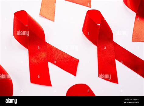 Red Ribbons Hiv Aids On White Background Awarenesstop View Stock