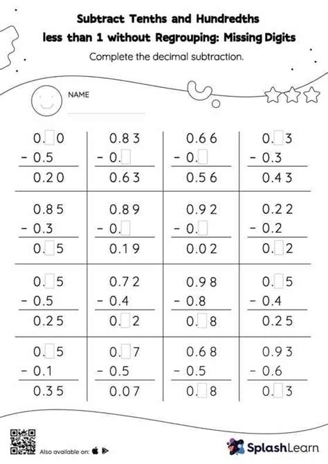 Subtract Tenths And Hundredths Less Than 1 Without Regrouping Missing Digits Math Worksheets