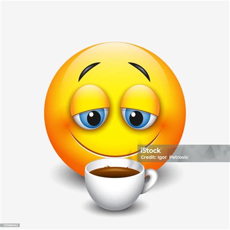 귀여운 졸린 이모티콘 마시는 커피 이모티콘 스마일벡터 일러스트 레이 션 감정에 대한 스톡 벡터 아트 및 기타 이미지 감정 귀여운 노랑 Istock
