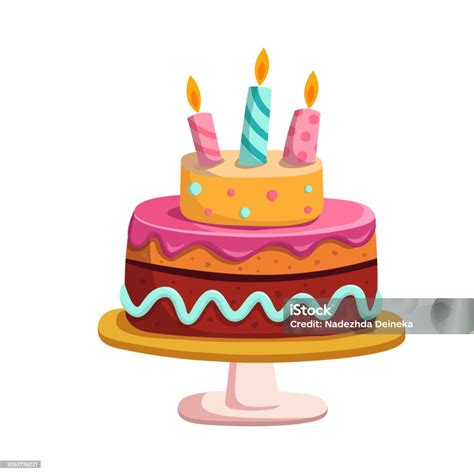 흰색 바탕에 촛불이 있는 2단 케이크입니다 만화 스타일의 생일 축하 일러스트 0명에 대한 스톡 벡터 아트 및 기타 이미지 0