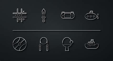 세트 라인 박하 사탕 발가락 게임 농구 공 잠수함 장난감 라켓 및 줄넘기 칼 장난감 보트 및 휴대용 비디오 콘솔 아이콘 벡터