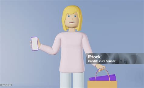 3d 캐릭터 소녀 판매 패션 쇼핑백 보라색 배경 렌더링 금발 젊은 여성과 스마트폰 화면 모형 3차원 형태에 대한 스톡 사진 및 기타 이미지 Istock