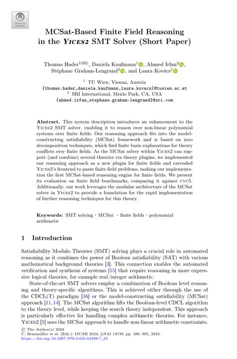 Pdf Mcsat Based Finite Field Reasoning In The Yices2 Smt Solver