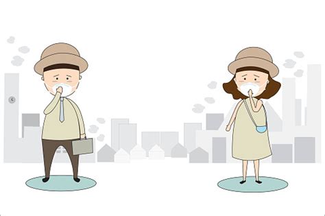 남자와 여자는 도시에서 대기오염을 방지 하기 위해 마스크를 착용 하십시오 먼지 연기 및 냄새 등 개념 평면 스타일 벡터 일러스트