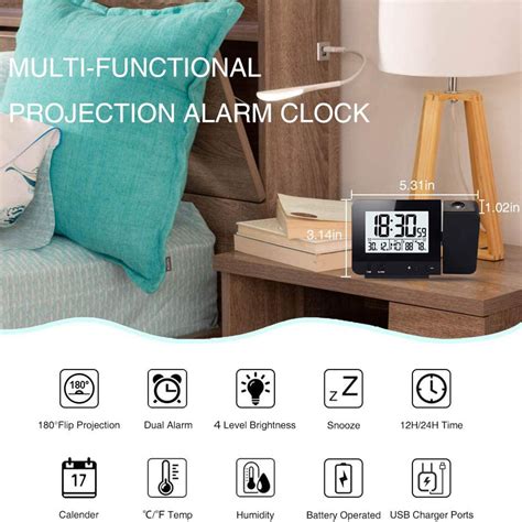 Projection Alarm Clock For Bedroom With Thermometer Hygrometer Digital Project Ceiling Clock