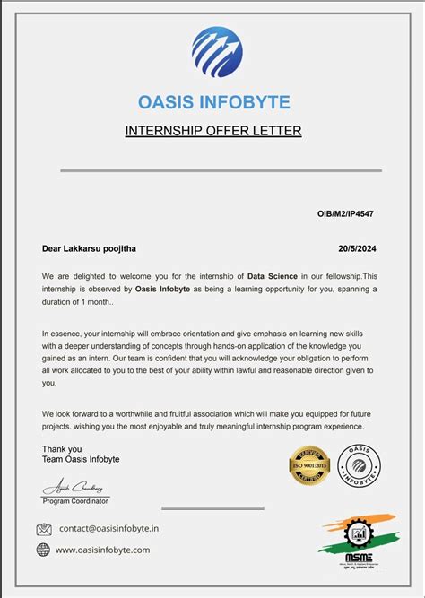 Lakkarsu Poojitha On Linkedin Offerletter Oasisinfobyte Internship
