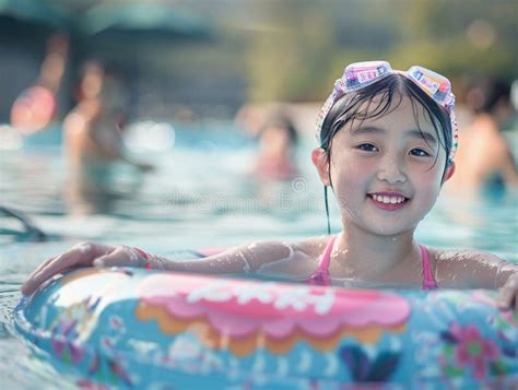 Young Asian Chinese Girl Swimming In A Public Pool With A Ring Float Stock Illustration