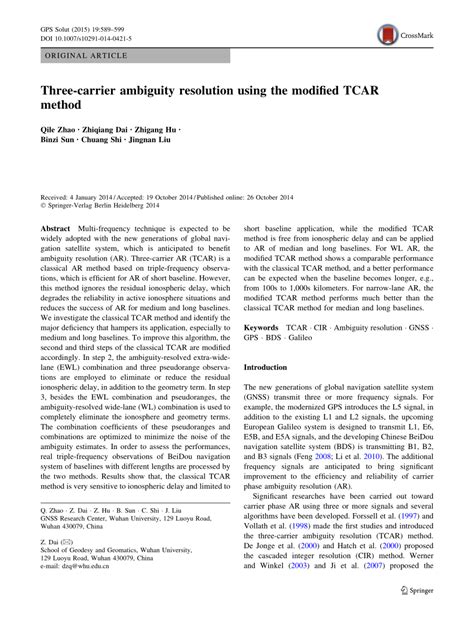Pdf Three Carrier Ambiguity Resolution Using The Modified Tcar Method