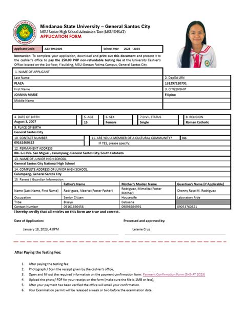 Shs At 2023 Application Form Plaza Joanna Marie A23 Shs0406 Pdf