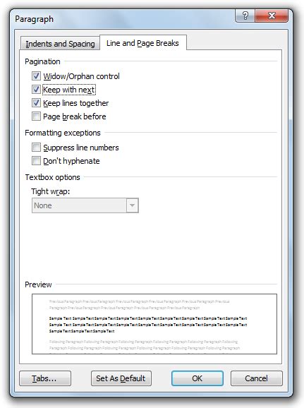 formatting prevent microsoft word from wrapping tables across columns