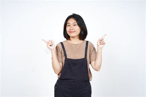 showing product and pointing left right side of beautiful asian woman isolated on white