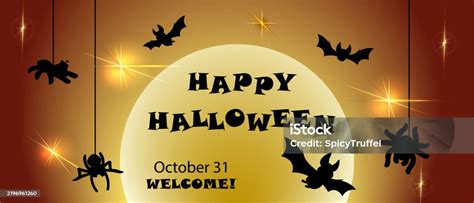 할로윈 배너입니다 파티 환영 가로 포스터 거미줄과 박쥐에 검은 실루엣 거미 10월의 트릭 오어 트릿 휴일 판매 계절 광고 공포의 밤 이벤트 벡터 디자인 10월에 대한 스톡