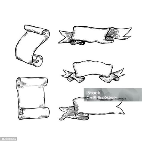 손으로 그린 오래된 리본 세트와 두루마리 양피지 블랙 컬러 스케치 스타일입니다 양피에 대한 스톡 벡터 아트 및 기타 이미지 양피 종이 두루마리 새긴 이미지 Istock
