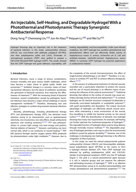 An Injectable Self‐healing And Degradable Hydrogel With A Photothermal And Photodynamic