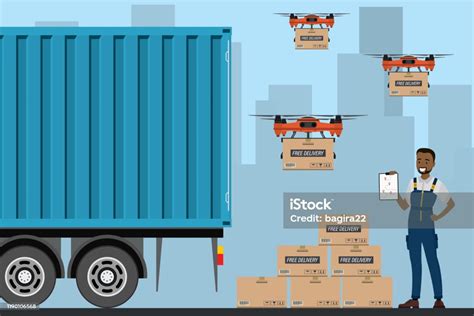 만화 아프리카 계 미국인 창고 노동자 화물 및 큰 컨테이너 트럭의 일부쿼드 콥터 창고 작업자에 대한 스톡 벡터 아트 및 기타 이미지 창고 작업자 일러스트레이션 개념