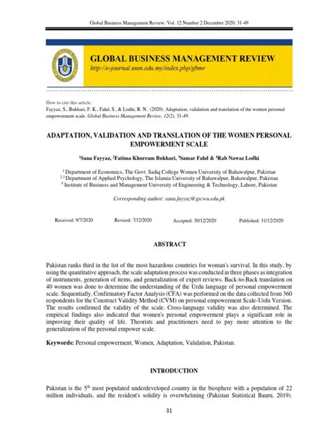 2020 Adaptation Validation And Translation Of The Women Personal