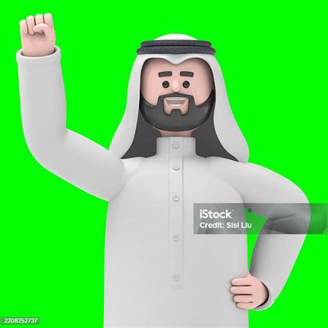 웃는 아랍 남자 하디의 3d 그림 승자 꽉 쥔 주먹 제스처 그린 스크린mockup3d 그린 스크린에서 영상과 클리핑 경로를 렌더링하는 것입니다 3차원 형태에 대한 스톡 사진