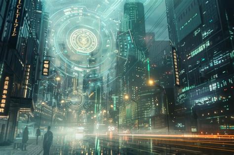 futuristic cityscape with holographic interface premium ai generated image