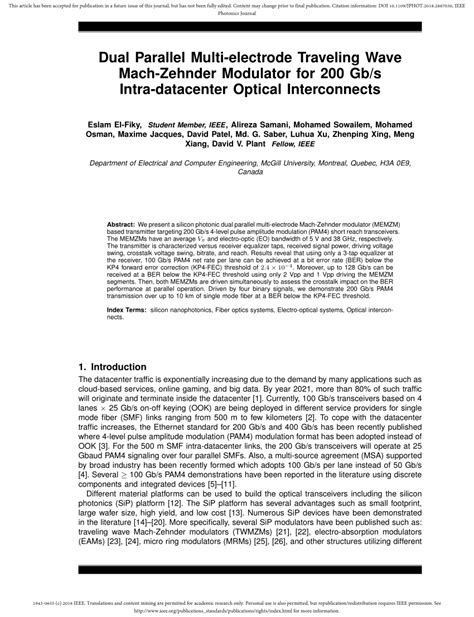 Pdf Dual Parallel Multi Electrode Traveling Wave Mach Zehnder Modulator For 200 Gb S Intra