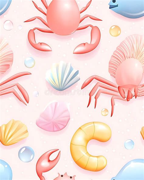 Colorful Crab And Shell Seamless Pattern With Bubbles And Sea Elements Stock Illustration