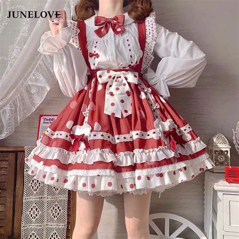 Junelove 귀여운 일본 고딕 로리타 딸기 드레스 세트 여름 귀여운 소녀 귀여운 여성 Jk 유니폼 하라주쿠 메이드 슬링
