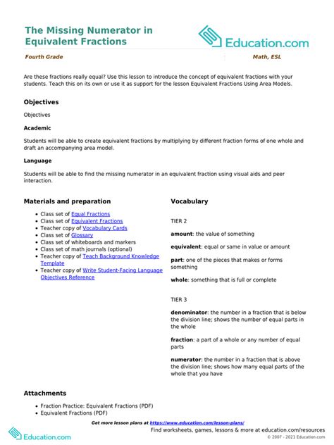 Equivalent Fractions El Support Lesson The Missing Numerator In