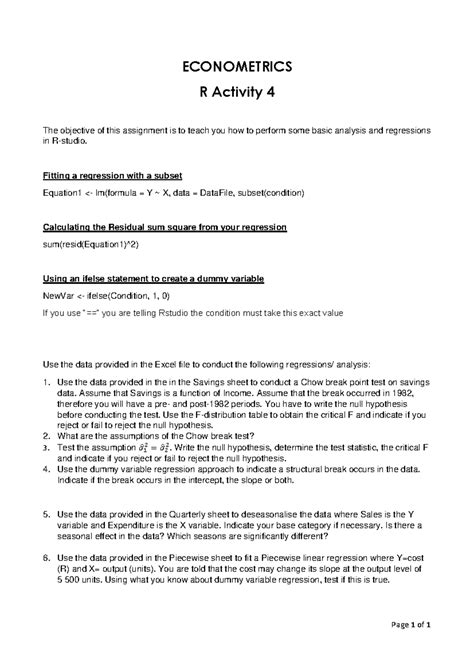 Econometrics R Exercise 4 Page 1 Of 1 Econometrics R Activity 4 The