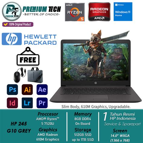 Jual Laptop HP 245 G10 AMD Ryzen 5 7520U RAM 8GB 1TB SSD 610M Graphics WXGA Windows 11 Original