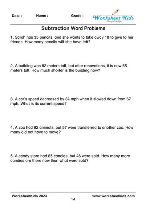 Subtraction Word Problems Worksheets Kindergarten To Grade 6