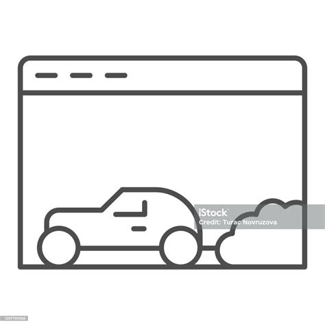 자동차 속도 브라우저 얇은 라인 아이콘입니다 차량 및 프레임이 있는 웹 창입니다 인터넷 기술 벡터 디자인 개념 흰색 배경에 윤곽 스타일 그림 웹 및 응용 프로그램에 대 한