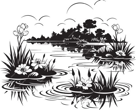 Premium Vector A Black And White Drawing Of A Pond With Flowers And