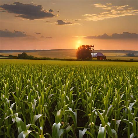 A Corn Field With A Barn In The Background And A Farm House In The