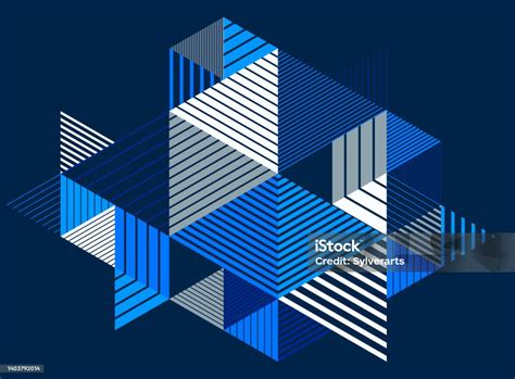 3d 큐브와 삼각형은 복고풍 스타일 요소가 분리되어 사용하거나 편집하기 쉬운 스트라이프 추상 벡터 배경을 줄 지어 있습니다