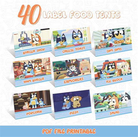 40 Food Tent Bundle Bluey Party Place Card Bingo Table Tent Party Decor