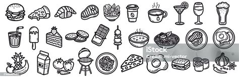 음식과 음료 벡터 아이콘 컬렉션입니다 레스토랑 메뉴 패스트 푸드 피자 아침 식사 과일 버거 커피 등과 관련된 개요 아이콘 집합입니다 벡터 일러스트 레이 션 건강한 식생활에