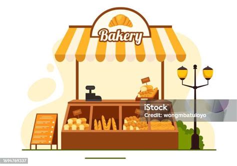 베이커리 상점 벡터 일러스트레이션은 다양한 종류의 빵 제품을 판매하고 평면 만화 배경 디자인 템플릿에 상점 인테리어를 제공합니다 가정 주방에 대한 스톡 벡터 아트 및 기타