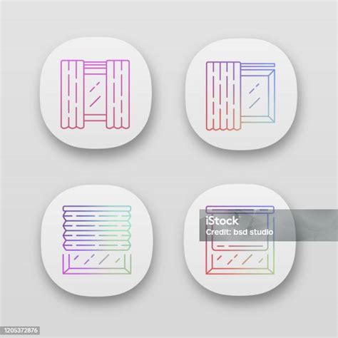 창 덮개 및 커튼 응용 프로그램 아이콘 세트 패널 쌍 트랙 롤러 음영 인테리어 디자인 홈 데코 숍 Ui Ux 사용자 인터페이스