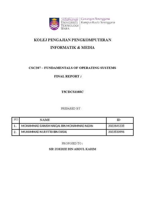 Csc207 Final Report Practical Approach Of Operating Systems Kolej