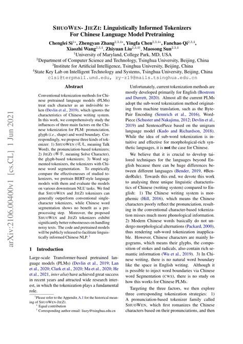 Pdf Shuowen Jiezi Linguistically Informed Tokenizers For Chinese Language Model Pretraining