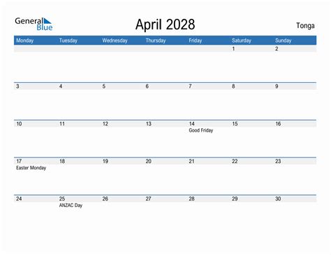 Editable April 2028 Calendar With Tonga Holidays Monday Start